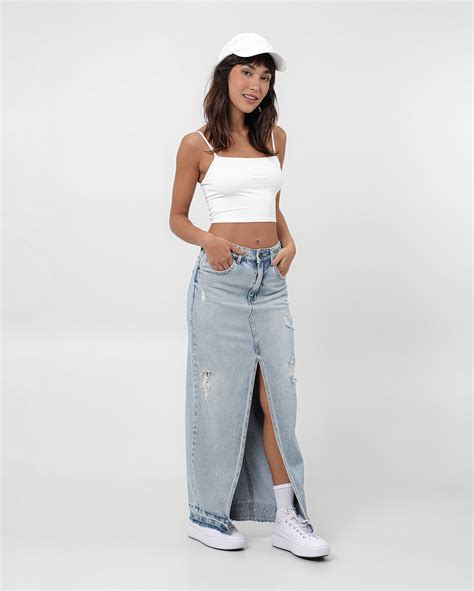 Riachuelo Saia Jeans Midi Fenda E Barra Desfiada Denim Claro