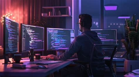 A Young Male Programmer Is Sitting In A Dark Room Surrounded By