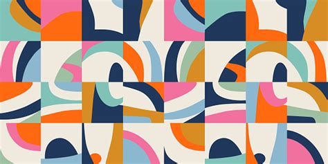 웹 디자인 명함 초대장 포스터 섬유 인쇄를 위한 간단한 모양과 다채로운 팔레트가 있는 세기 중반 기하학적 추상 패턴 1980