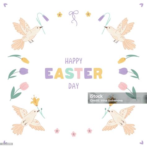 흰색 배경에 귀여운 새와 봄 꽃이 있는 부활절 포스터입니다 표지 포스터 배너 레터링 Happy Easter Day를 위한 인사말 카드에 대한 휴일 디자인 벡터 일러스트 레이