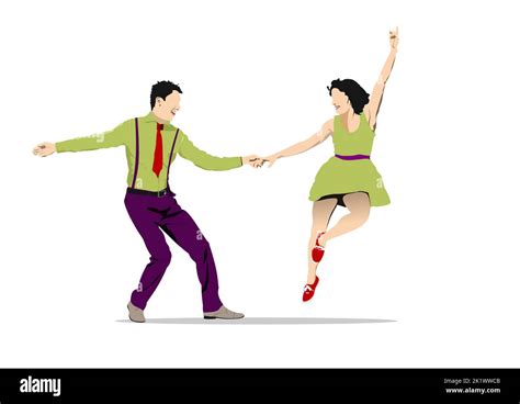 Dynamic Portrait Of Couple Of Dancers In Vintage Retro Style Outfits