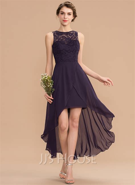 A Line Scoop Neck Asymmetrical Chiffon Lace Cocktail Dress 016208845
