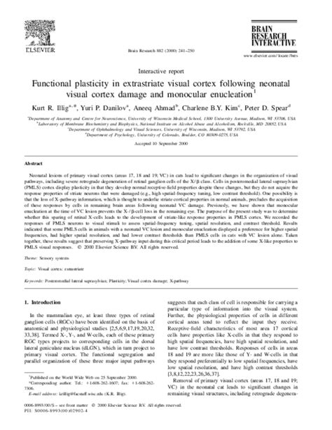Pdf Functional Plasticity In Extrastriate Visual Cortex Following Neonatal Visual Cortex