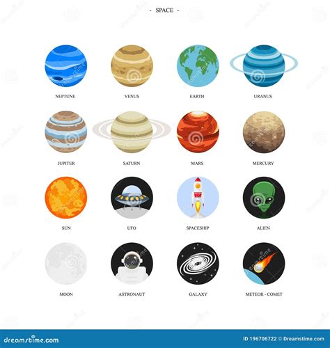 Types Of Different Planets And Space Elements Illustrations Stock
