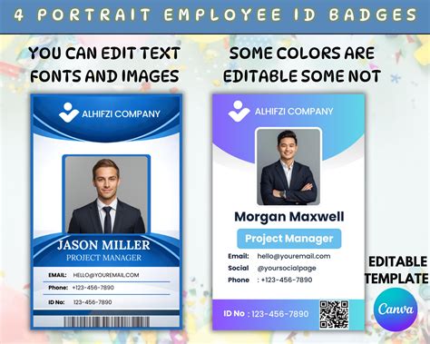 4 Portrait Employee Id Badges Template Editable Teacher Id Card