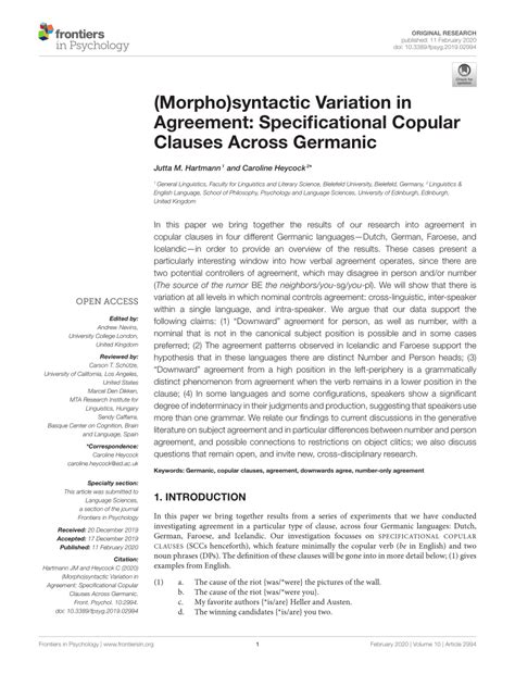 Pdf Morphosyntactic Variation In Agreement Specificational Copular Clauses Across Germanic