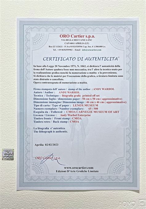 Andy Warhol Marilyn Signed Certificate Coa Limited Edition 65 500 50