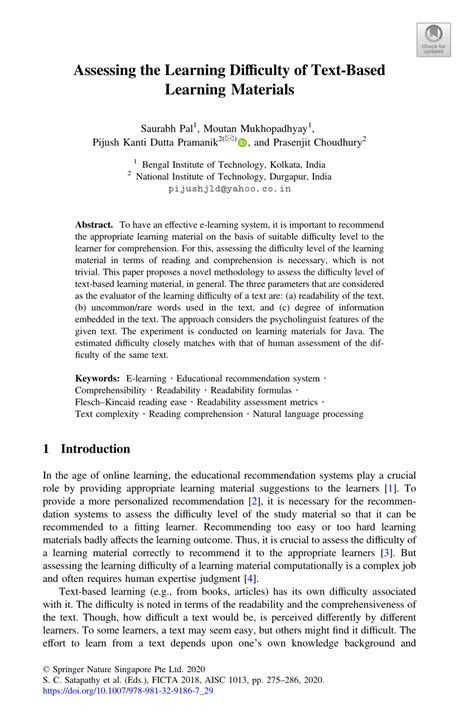 Pdf Assessing The Learning Difficulty Of Text Based Learning Materials