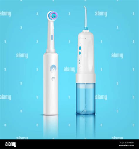 Teeth Care Realistic Composition With Isolated Electric Toothbrush And Water Flosser On Blue