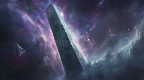 Monolithic Structure Emerging From Cosmic Nebula In Deep Space Stock