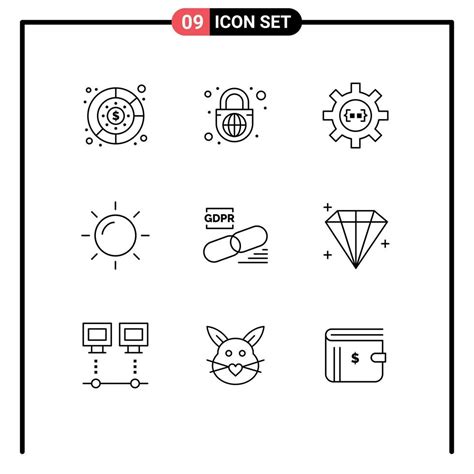 Outline Pack Of 9 Universal Symbols Of Gdpr Sun Coding Rise Process Editable Vector Design