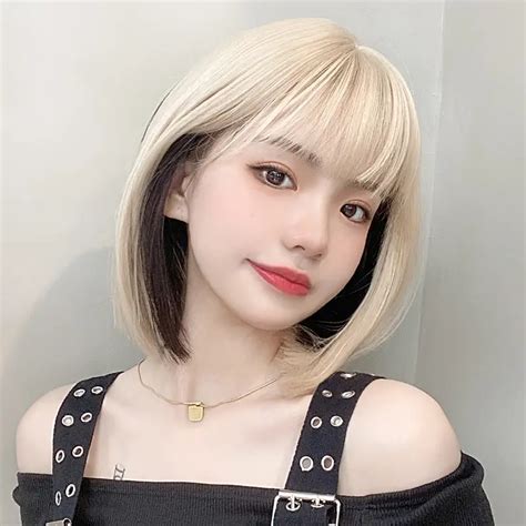 Short Straight Blonde Bob Wig Bangs Highlight Black Wig Temu