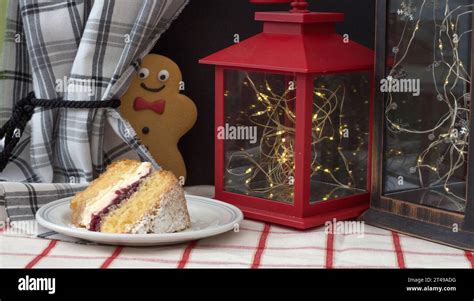 Joyful Happy Ginger Biscuit Man Finding Jam And Cream Cake Slice Stock