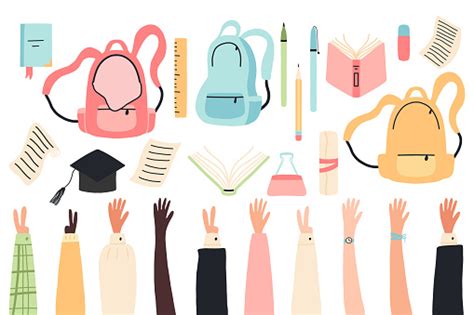 흰색 배경에 격리된 학용품 및 품목 학교로 돌아 가기 교육 작업 공간 액세서리 9월에 대한 스톡 벡터 아트 및 기타 이미지 9월 개인 장식품 격리 Istock