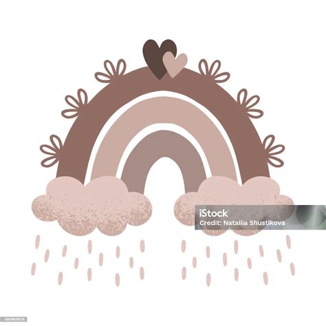 순진한 어린이 스타일의 구름이 있는 보헤미안 무지개 가을 색깔의 그림입니다 따뜻한 파스텔 색상의 무지개 인사말 카드 초대장 인쇄물 스티커 및 패턴 디자인을 위한 클립아트 0