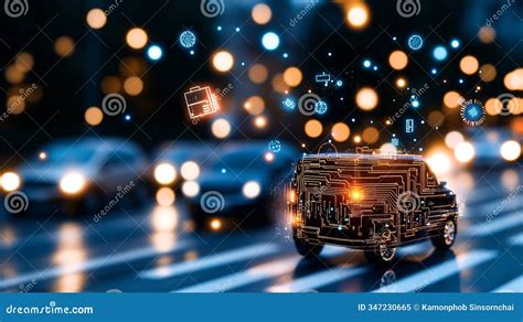 Autonomous Vehicle Smart City Night Traffic Digital Overlay Iot Technology Stock Illustration