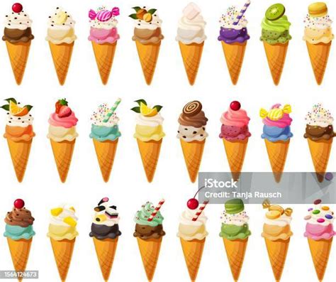 다양한 맛과 다채로운 토핑과 장식이 있는 아이스크림 콘의 벡터 그림 0명에 대한 스톡 벡터 아트 및 기타 이미지 0명 감초 사탕 거품 내기 Istock