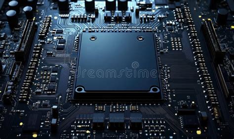 Circuit Board Close Up Intricate Details Of Microchips And Electronic Components Dark