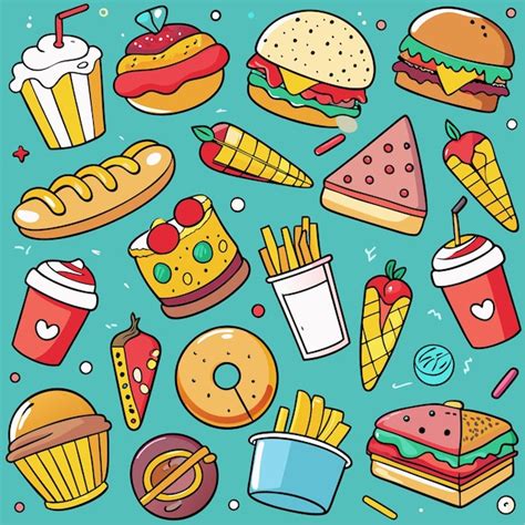 Colorido Patrón De Comida Rápida Y Bocadillos Vector Premium