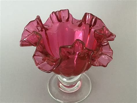 Vintage Pink Cranberry Glass Ruffled Edge Pedestal Candy Dish Etsy