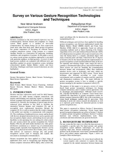Pdf Survey On Various Gesture Recognition Technologies And Techniques