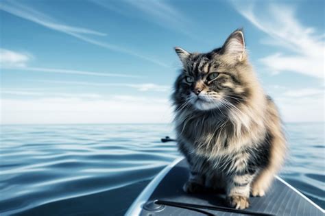Fluffy Cat On A Paddleboard Calm Sea Behind Premium Ai Generated Image