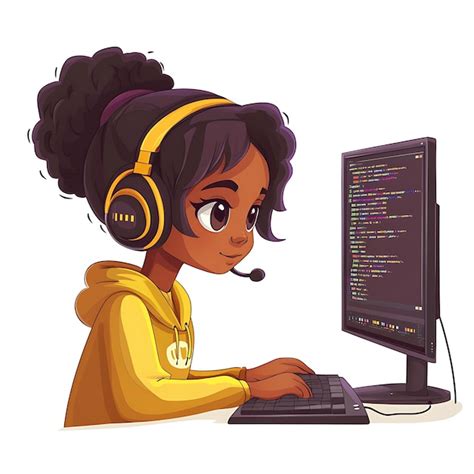Black Woman Programmer Coding On Computer With Headphones Premium Ai