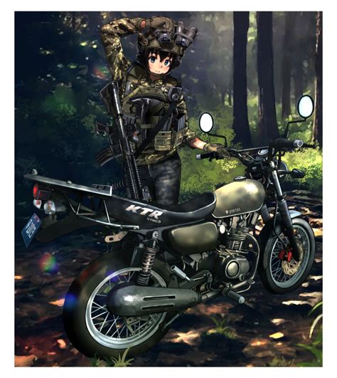 Safebooru 1girl Assault Rifle Black Hair Black Pants Blue Eyes Border