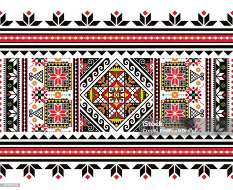 우크라이나 부활절 달걀 Pysanky 벡터 원활한 민속 예술 긴 수평 패턴 Hutsul 빨강 검정 및 흰색의 전통적인 기하학적 디자인 벡터에 대한 스톡 벡터 아트 및 기타