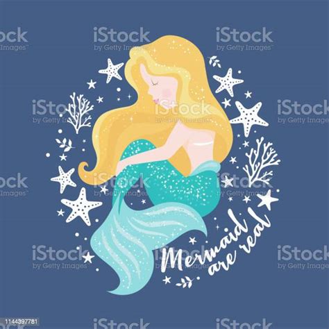 T 셔츠 또는 아이 패션 작품 어린이 책에 대 한 파란색 배경에 아름 다운 인 어 패션 그림은 현대적인 스타일로 그림 귀여운 인 어 소녀 인쇄 개성 개념에 대한 스톡 벡터