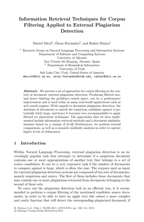 Pdf Information Retrieval Techniques For Corpus Filtering Applied To External Plagiarism Detection