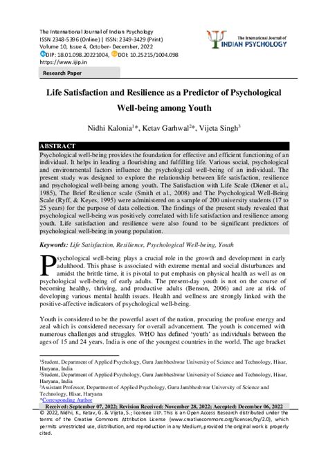 Pdf Life Satisfaction And Resilience As A Predictor Of Psychological