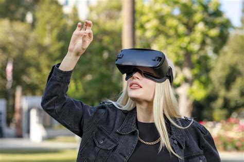 Premium Photo Young Beautiful Lady Wearing Vr Glasses And Holding Her