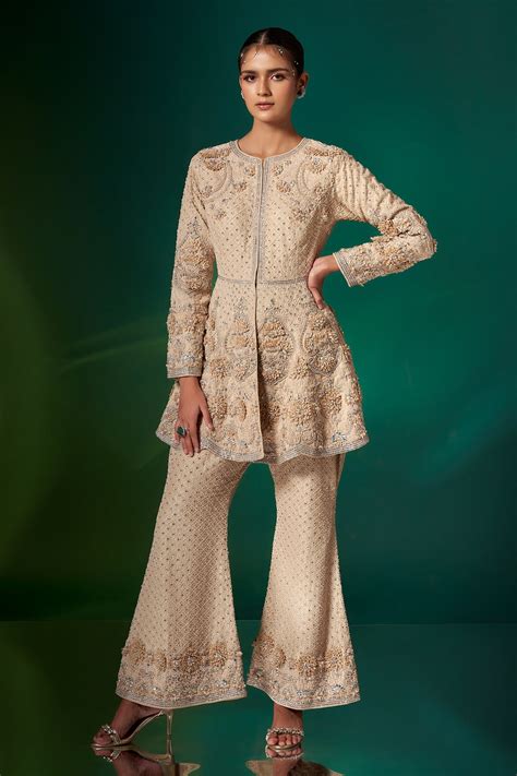 Buy Stotram Beige Peplum Organza Floral Embroidered Organza Peplum Kurta And Pant Set Online