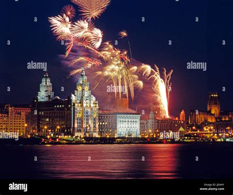 Firework Display Over The Pier Head Liverpool At Night Showing