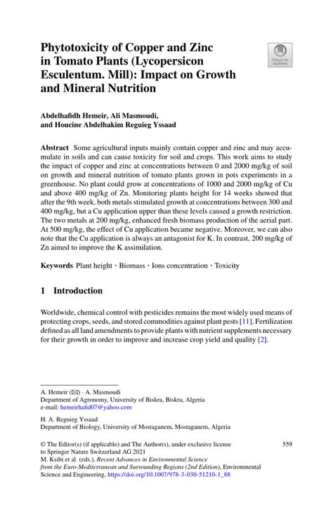 Pdf Phytotoxicity Of Copper And Zinc In Tomato Plants Lycopersicon Esculentum Mill Impact