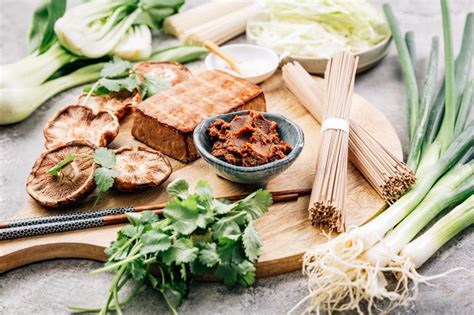 Ingredients For Vegan Miso Soup With Tofu And Vegetables Stock Image