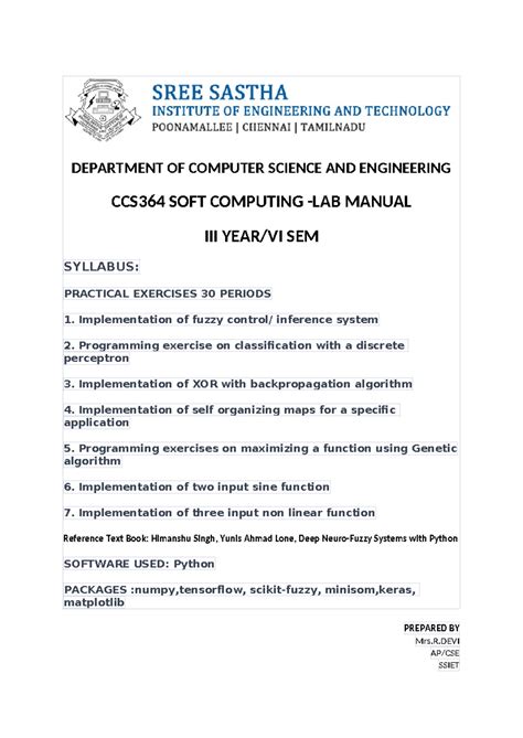 Ccs364 Soft Computing Lab Manual Programming And Implementation