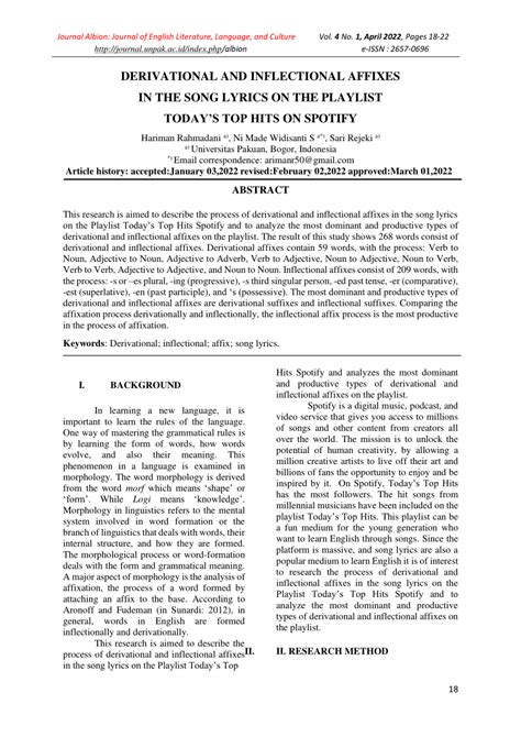 Pdf Derivational And Inflectional Affixes In The Song Lyrics On The
