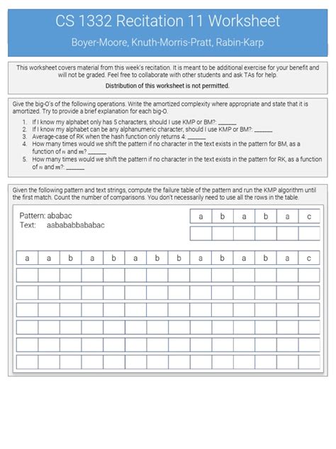 Cs 1332 Recitation 11 Worksheet Boyer Moore Knuth Morris Pratt Rabin