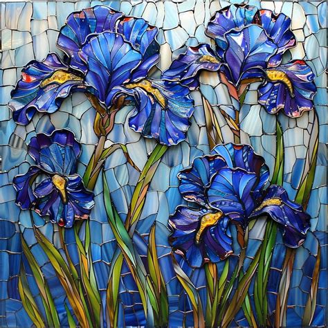 Iris Flowers Stained Glass Look Art On Glossy Ceramic Decorative Tile