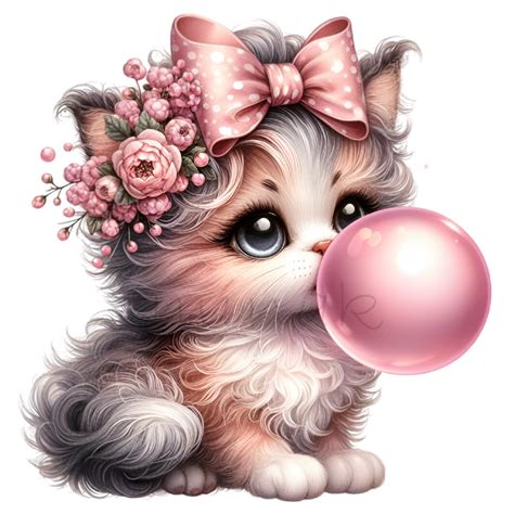 Cute Kitten Blowing Bubble Gum Clip Art 12 Png Funny Cat Bow Funny