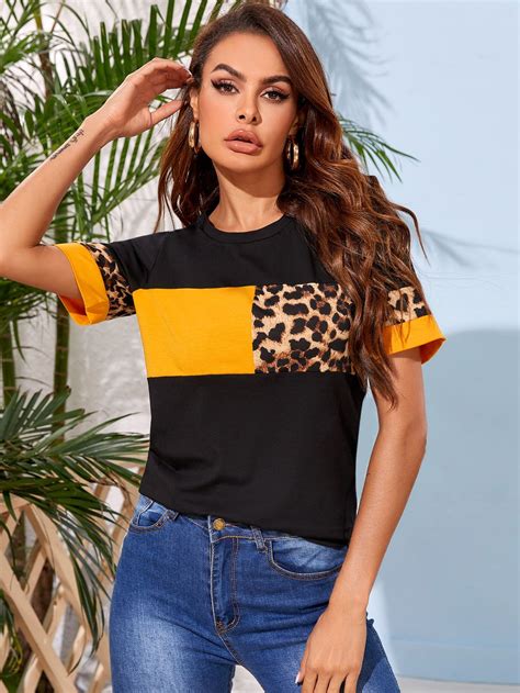 Color Block Leopard Tee Shein Usa Prom Dresses With Pockets