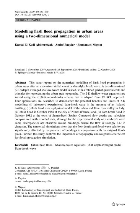 Pdf Modelling Flash Flood Propagation In Urban Areas Using A Two Dimensional Numerical Model