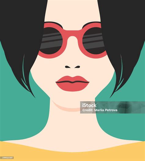 선글라스를 착용 한 단발 머리를 한 여자 복고풍 스타일의 선글라스를 낀 여성 얼굴의 추상적인 미니멀리스트 초상화 벡터 일러스트 레이 션 고풍스런에 대한 스톡 벡터 아트 및