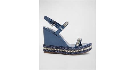 Christian Louboutin Pyraclou Patent Spike Sole Wedge Sandals In Blue Lyst
