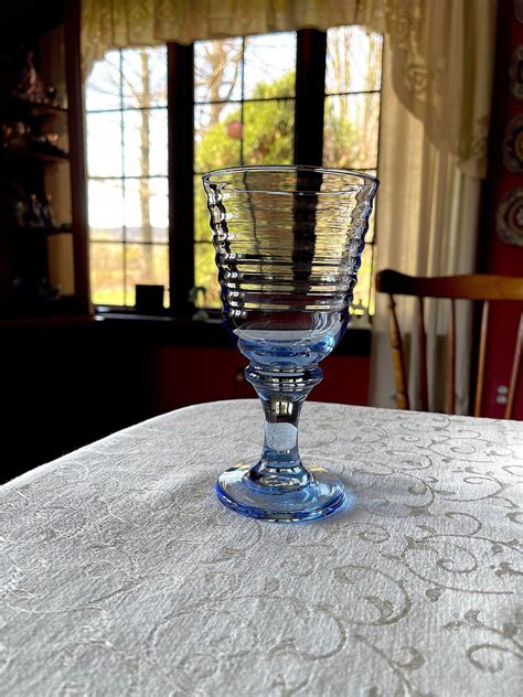 1990s 3 Libbey Sirrus Blue Wine Glasses Ribbed Cup Sparkly