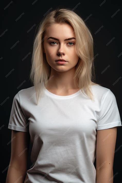 Premium Photo Blonde Girl In A White T Shirt On A Dark Background