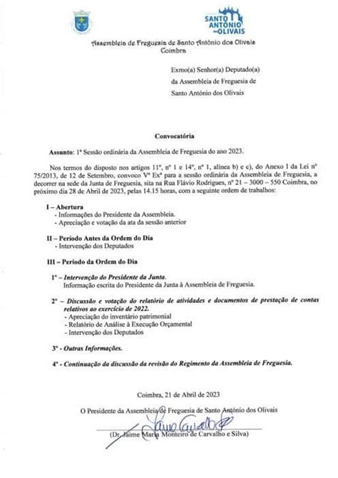 Convocatória 1ª Sessão Ordinária Da Assembleia De Freguesia Do Ano 2023