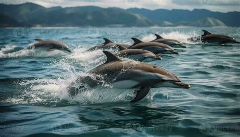 Playful Bottle Nosed Dolphin Jumping In The Blue Sea Waves Generated By